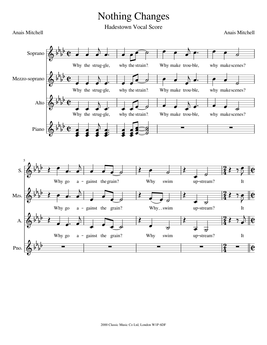Nothing Changes Sheet Music for Piano, Soprano, Alto, Mezzo soprano (A ...