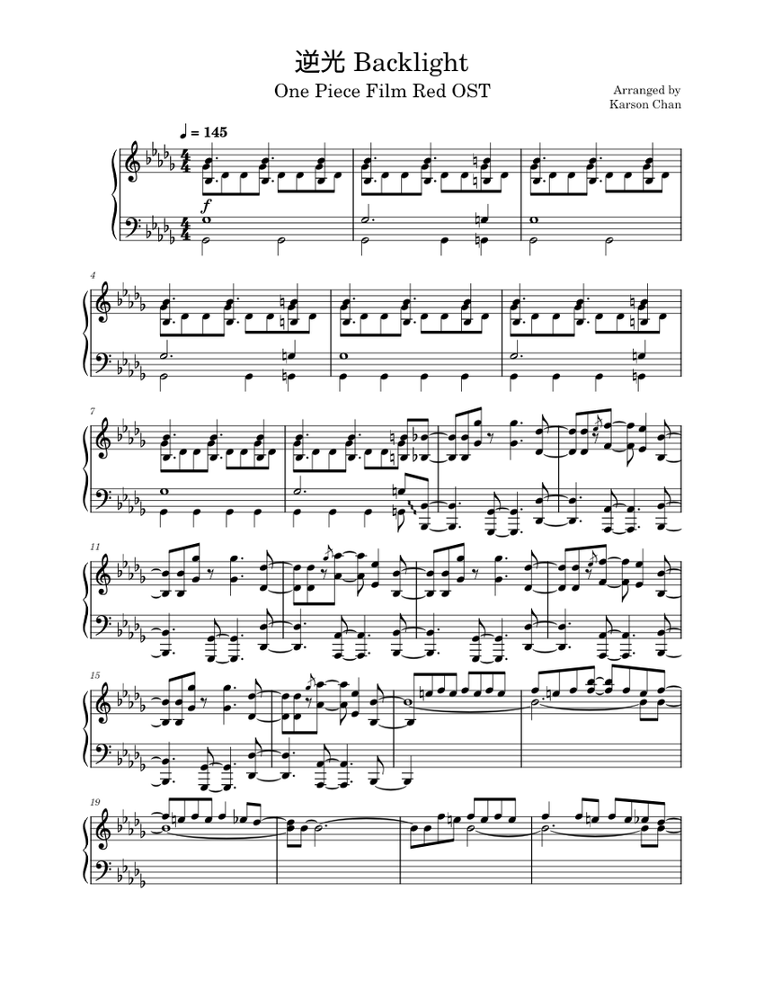[Preview] 逆光 Backlight (One Piece Film Red OST) Sheet Music for Piano ...