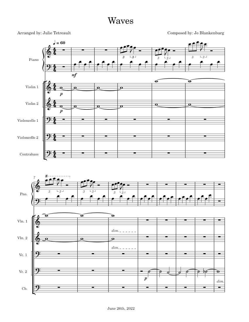 Waves – Jo Blankenburg Sheet Music for Piano, Contrabass, Violin, Cello (Mixed Ensemble ...