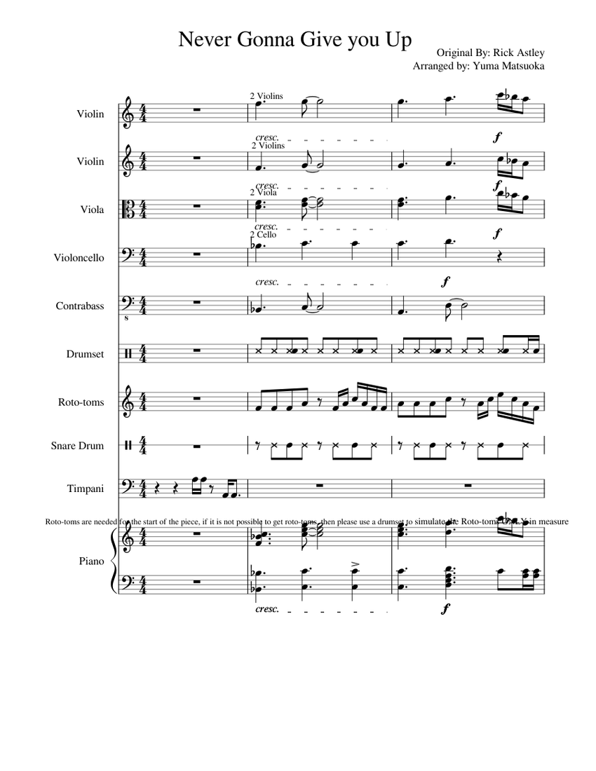 Never Gonna Give you Up Orchestra Arrangement Sheet Music for Piano ...