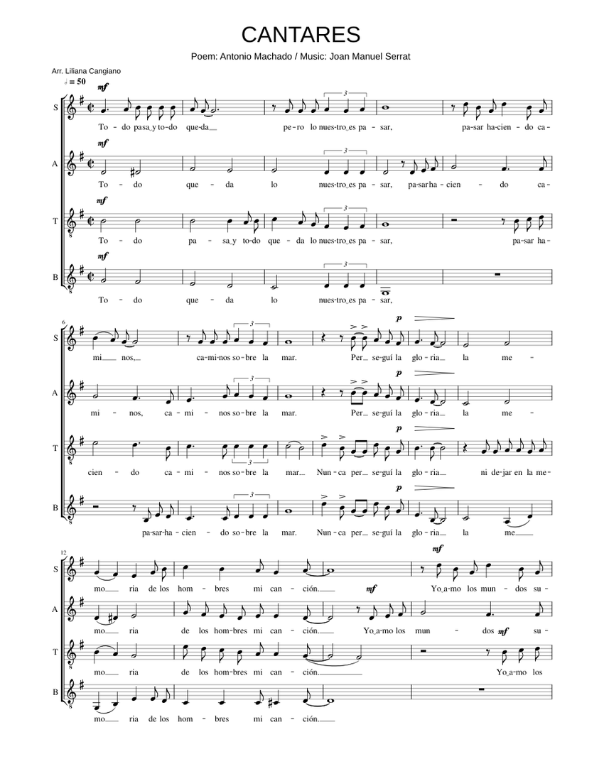 Cantares - Serrat/Machado SATB Sheet Music for Soprano, Alto, Tenor ...