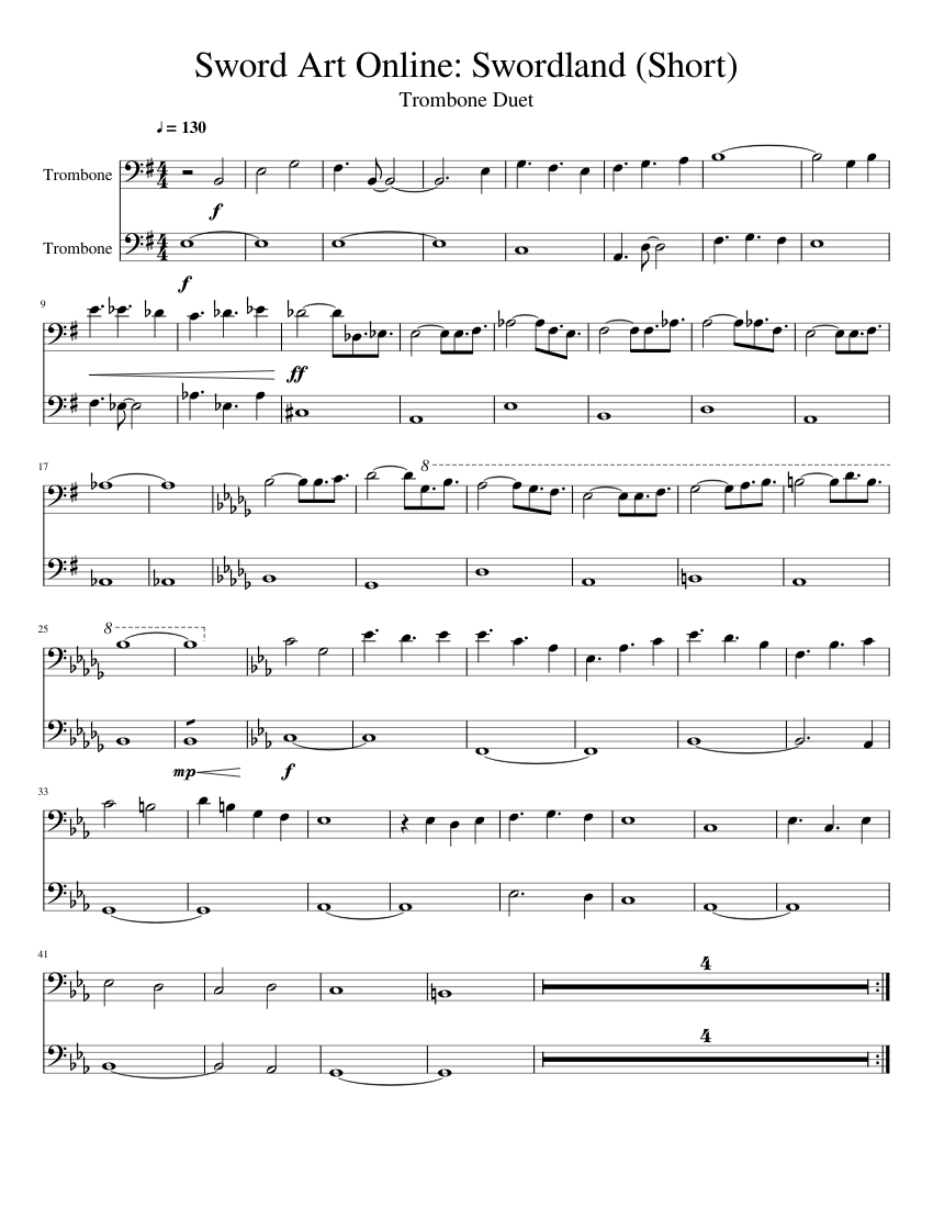 Sword Art Online: Swordland (Short) - Trombone Duet Sheet music for ...