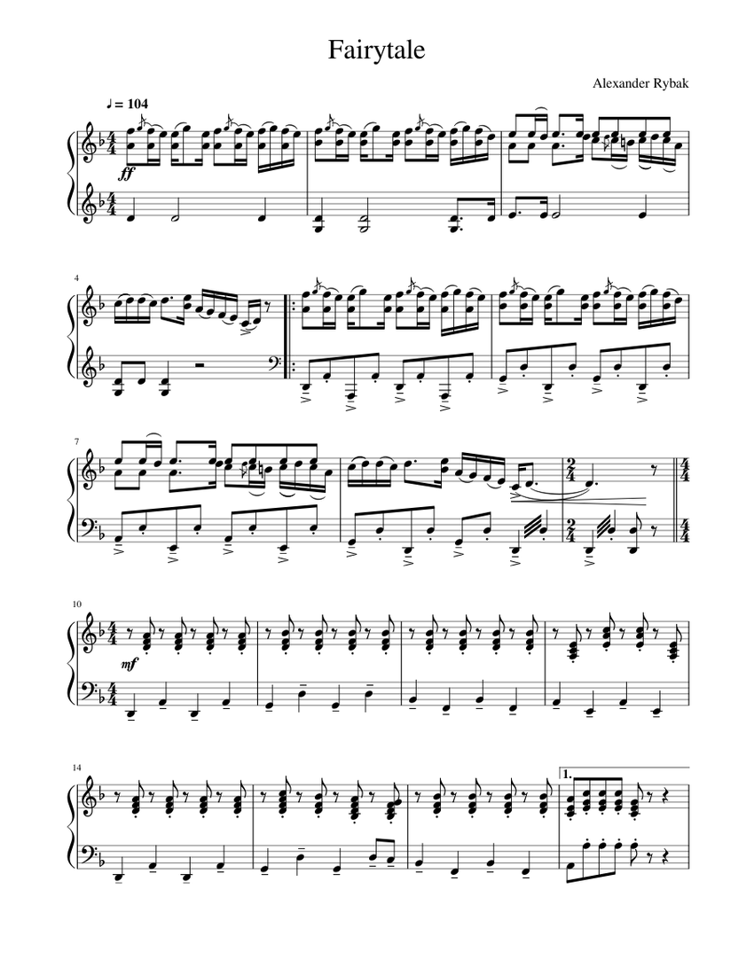 Fairytale - Alexander Rybak Karaoke Sheet Music for Piano (Solo ...