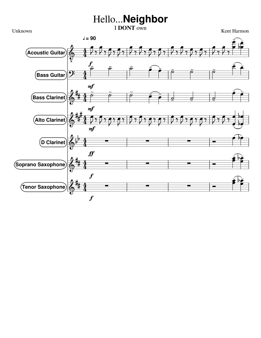 Hello...Neighbor Sheet Music for Clarinet bass, Saxophone tenor, Guitar ...