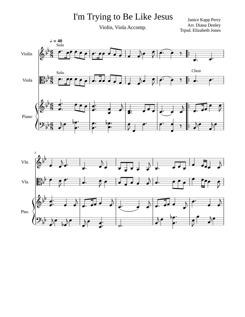 I'm Trying to Be Like Jesus Sheet Music for Piano, Violin, Viola (Mixed ...