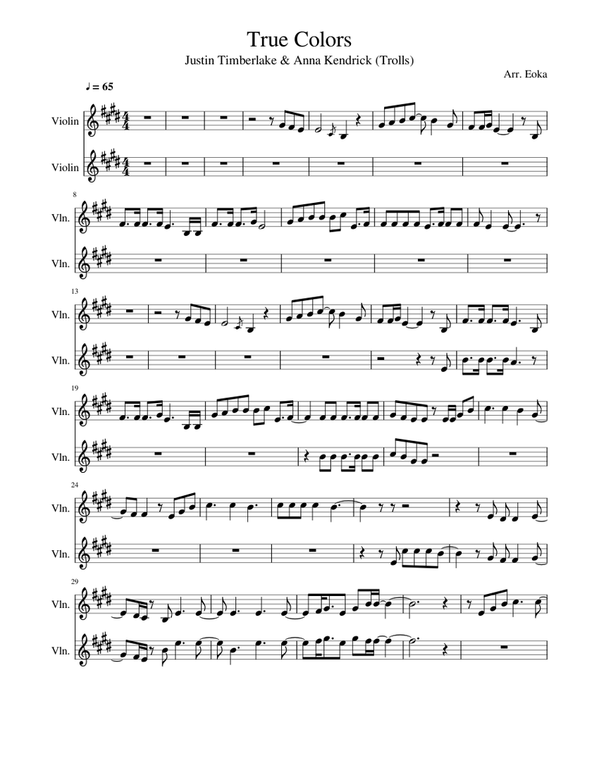 True Colors (Violin Duet) Sheet Music for Violin (String Duet) | MuseScore.com