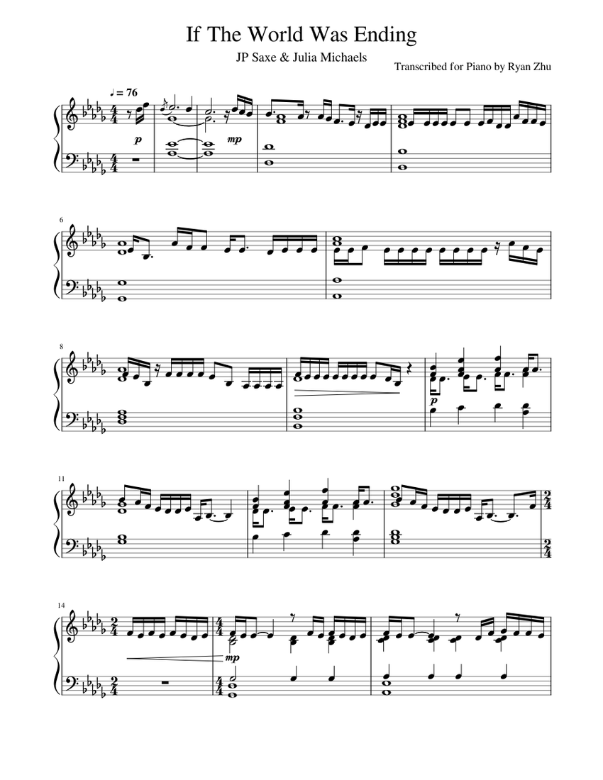 If The World Was Ending (Full Piano Score) Sheet Music for Piano (Solo ...