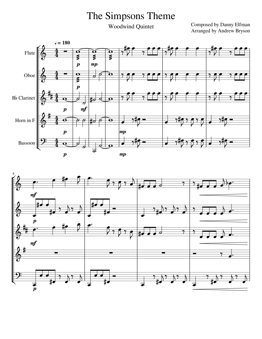 The Simpsons Theme Sheet Music for Flute, Oboe, Clarinet in b-flat ...