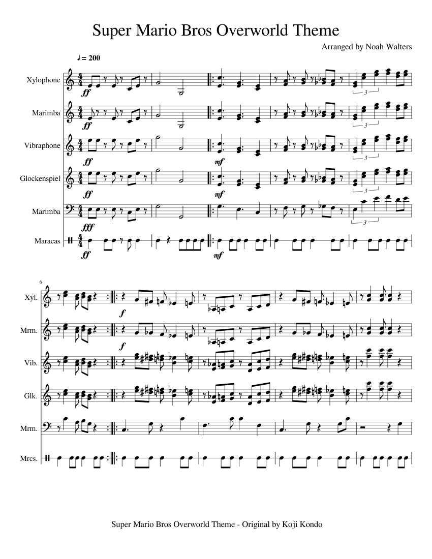 Super Mario Bros Overworld Theme for Percussion Ensemble Sheet music ...