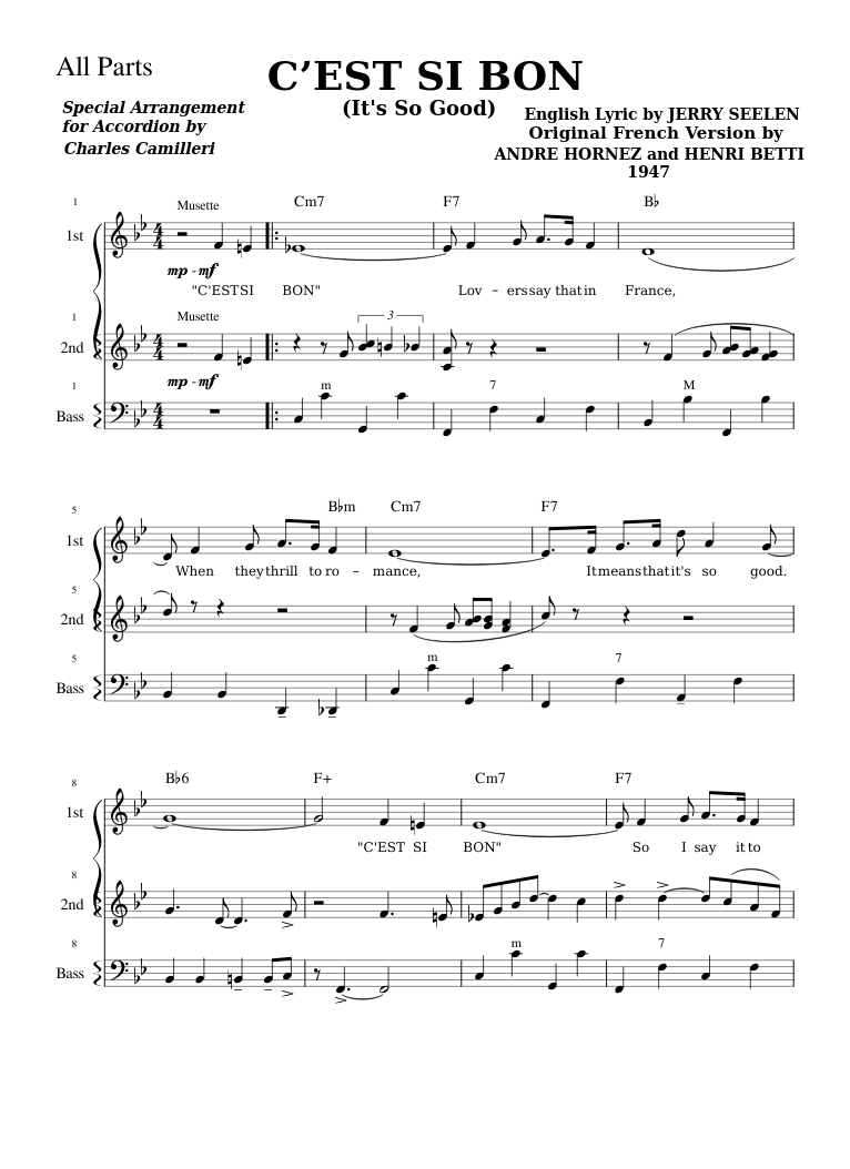 C’est Si Bon Sheet Music with Chords for Accordion (Piano Trio) | MuseScore.com