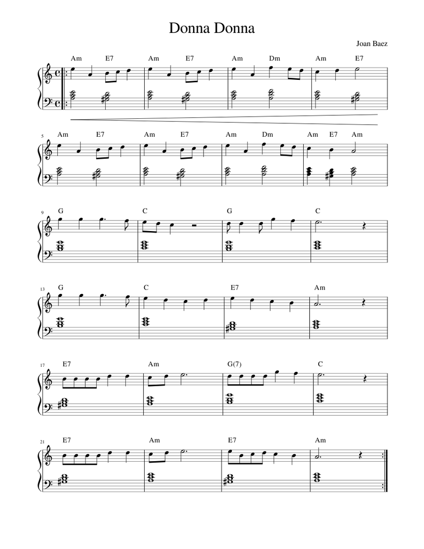 Donna Donna Sheet Music with Chords for Piano (Solo) Easy | MuseScore.com