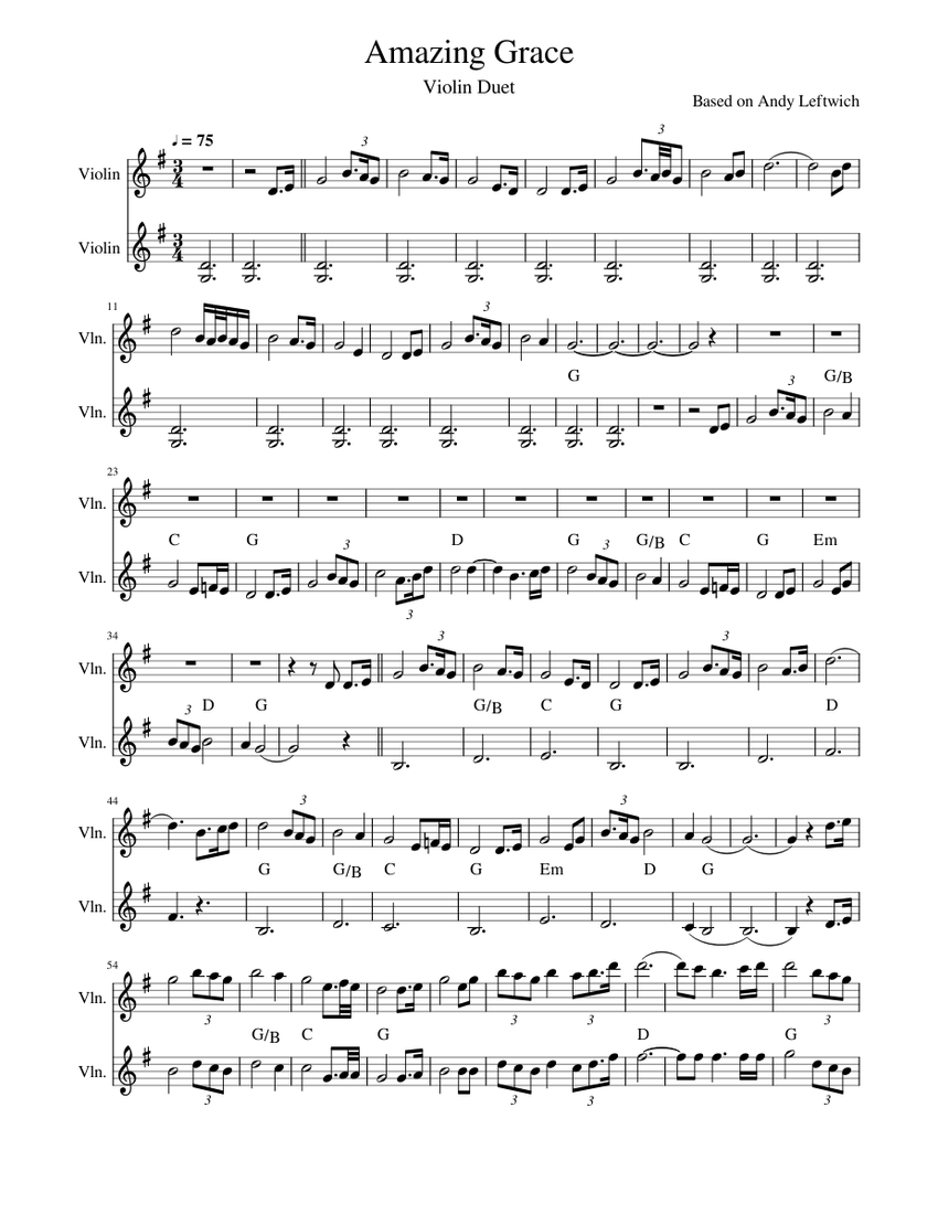 Amazing Grace Violin Duet Sheet Music with Chords for Violin (String ...