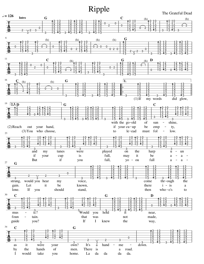 Ripple (print) Sheet Music and Tab with Chords for Guitar (Solo ...