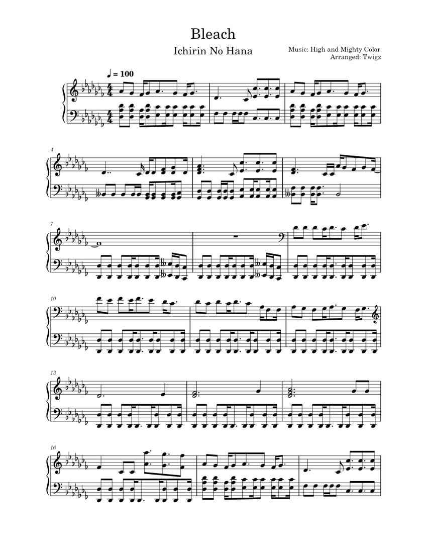 Bleach OP 3 Ichirin no hana – HIGH and MIGHTY COLOR Sheet Music for ...