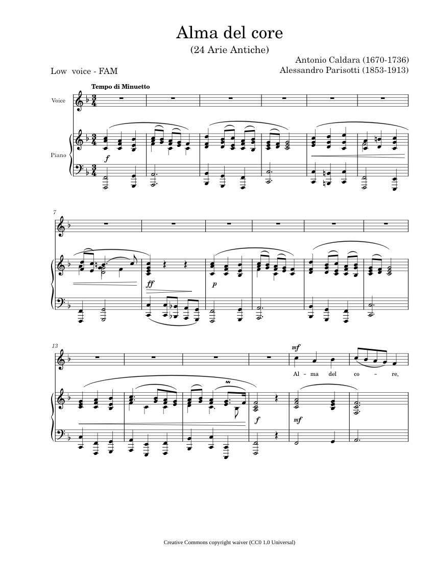 Alma del core - Low voice - FAM – Antonio Caldara Sheet music for Piano ...