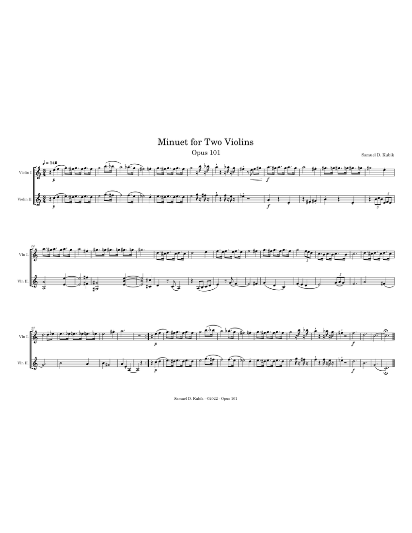 Minuet for Two Violins - Opus 101 Sheet music for Violin (String Duet ...