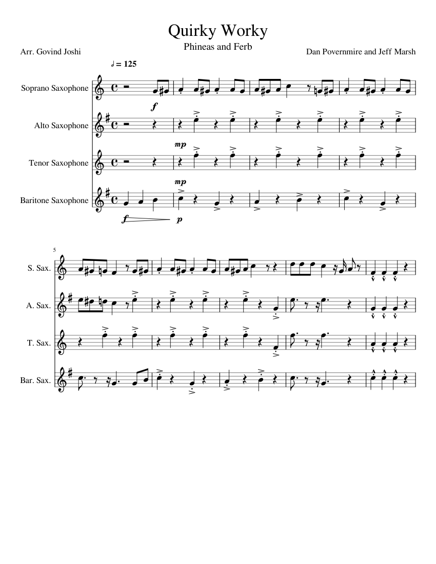 Quirky Worky - Phineas and Ferb Sheet Music for Saxophone alto ...