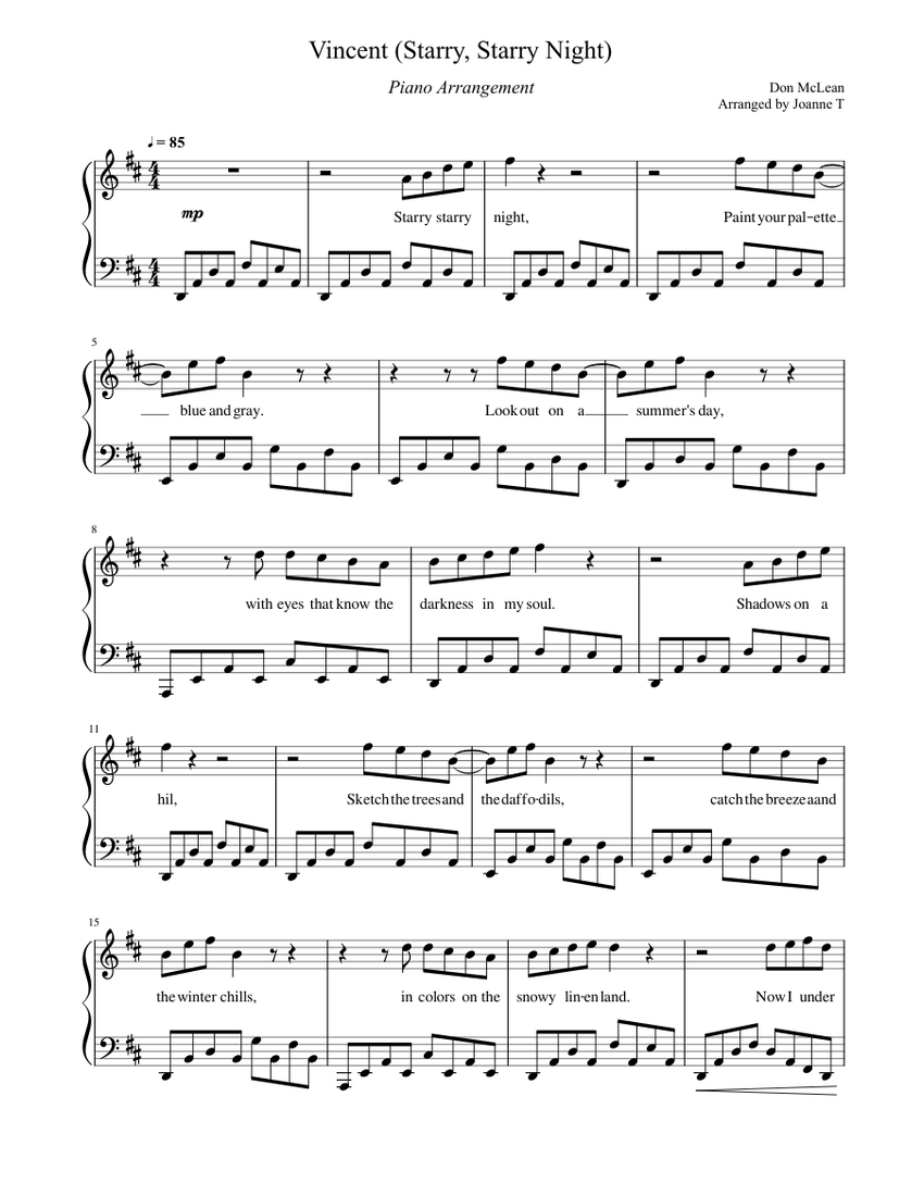 Vincent_Starry_Starry_Night Key of D Sheet music for Piano (Solo ...