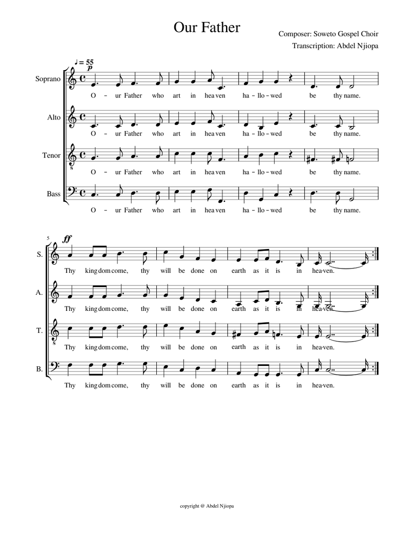Our Father Sheet Music for Soprano, Alto, Tenor, Bass voice (Choral ...