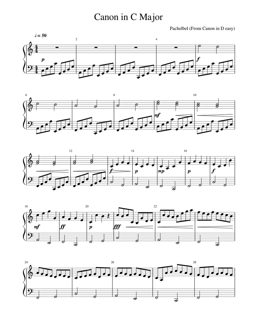 Canon in c - Johann Pachelbel Sheet Music for Piano (Solo) easy ...