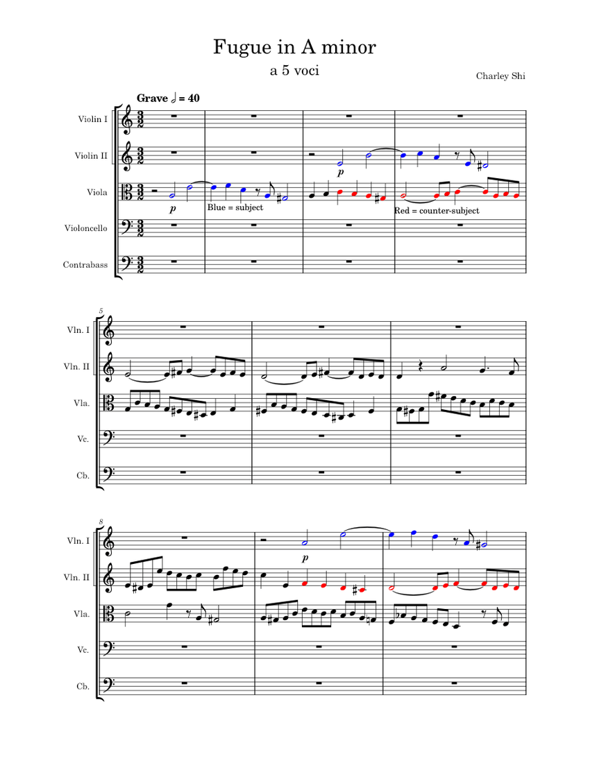 Fugue in A minor Sheet Music for Contrabass, Violin, Viola, Cello (String Quintet) | MuseScore.com