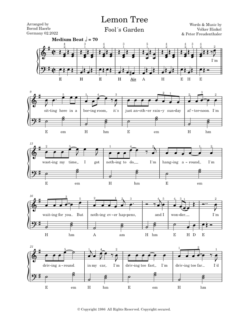 Lemon tree – Fool's Garden Sheet music for Piano (Solo) | Musescore.com