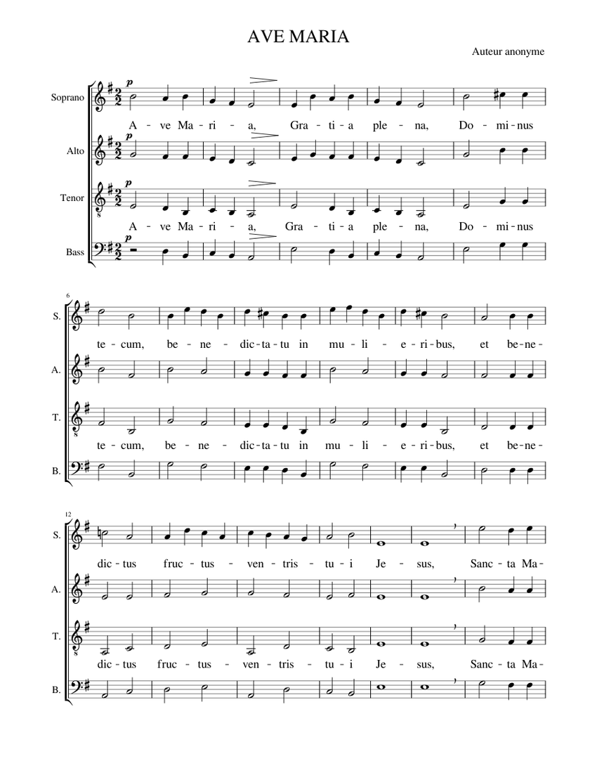 Ave Maria - Auteur anonyme (SATB MuseScore) Sheet music for Soprano ...