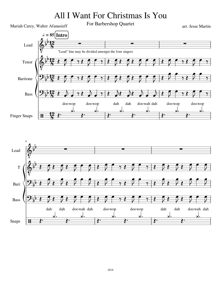All I Want For Christmas Is You - Barbershop Quartet Sheet Music for ...