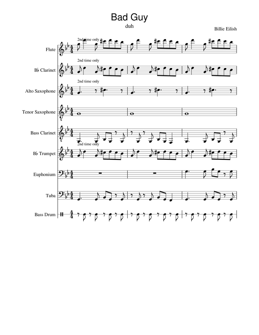 Bad Guy Sheet music for Euphonium, Tuba, Flute, Clarinet in b-flat ...