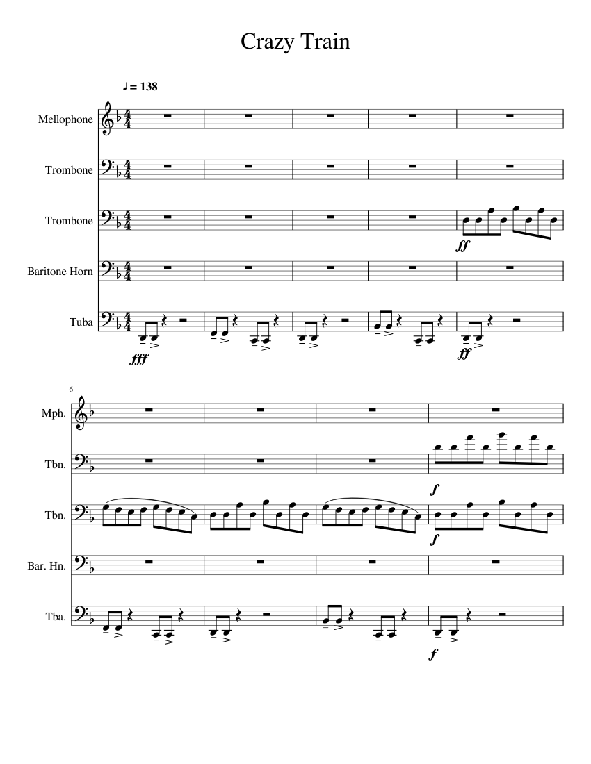 Crazy Train Sheet music for Trombone, Tuba, Mellophone, Baritone horn ...