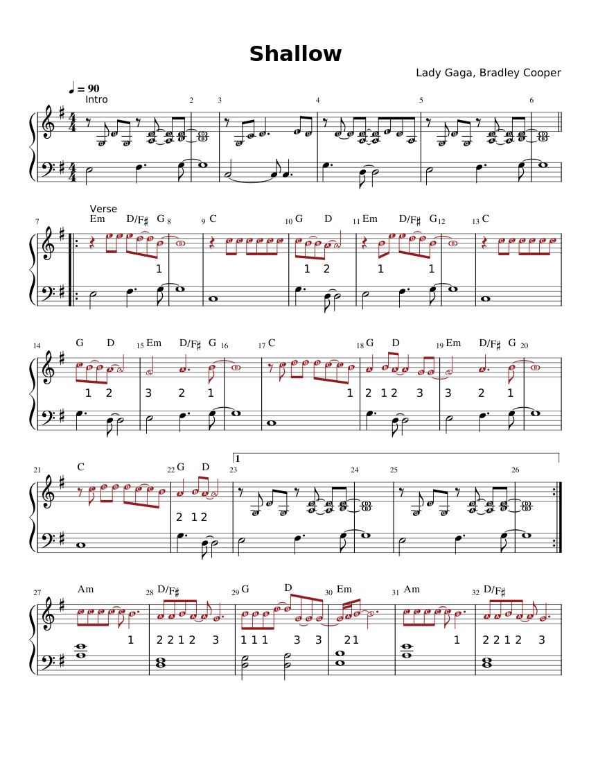Shallow – Lady Gaga - Leadsheet- Soprano Recorder Sheet Music for Piano ...