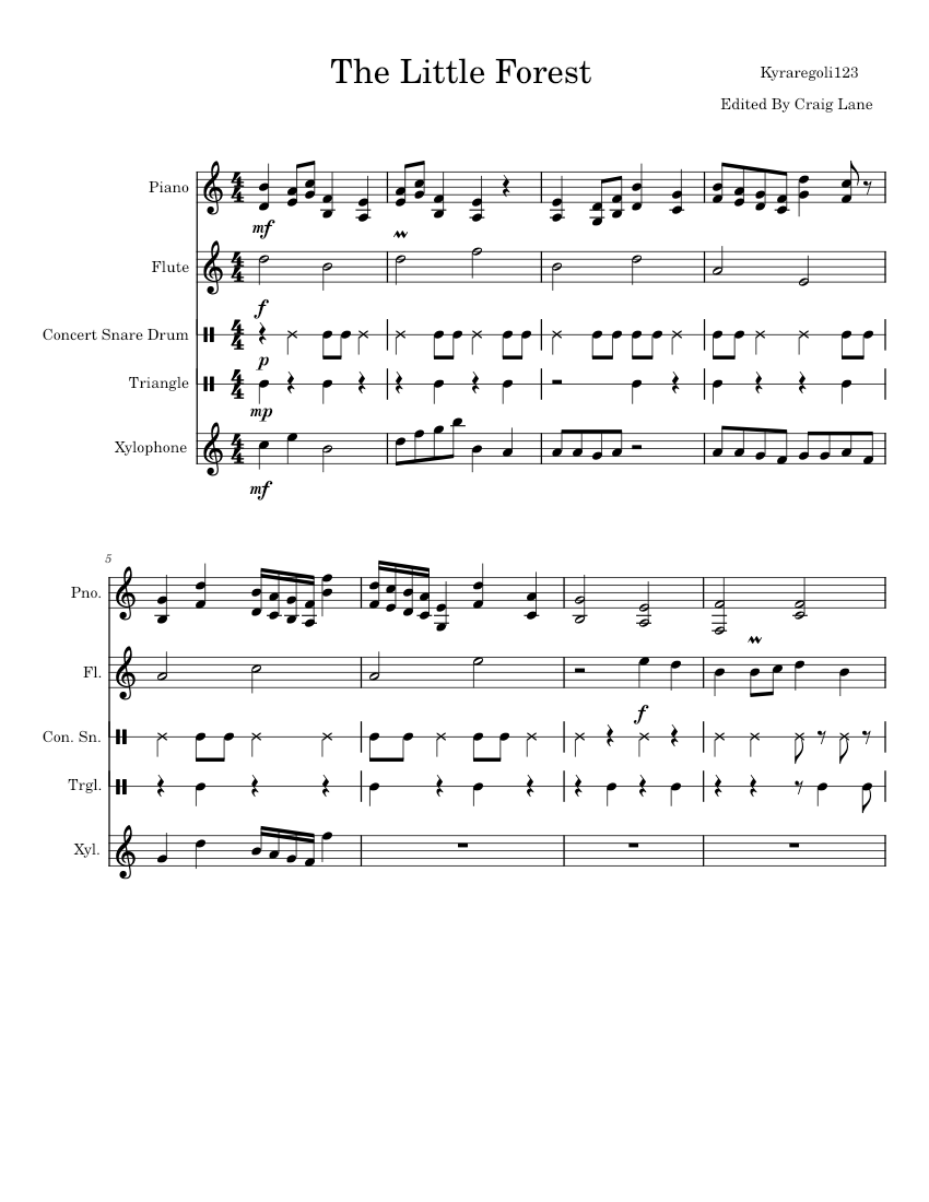 The_Little_Forest Sheet Music for Piano, Flute, Snare drum, Xylophone ...