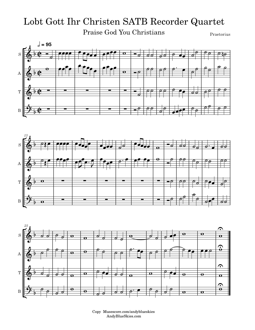 Lobt Gott Ihr Christen SATB Recorder Quartet – Michael Praetorius Sheet ...