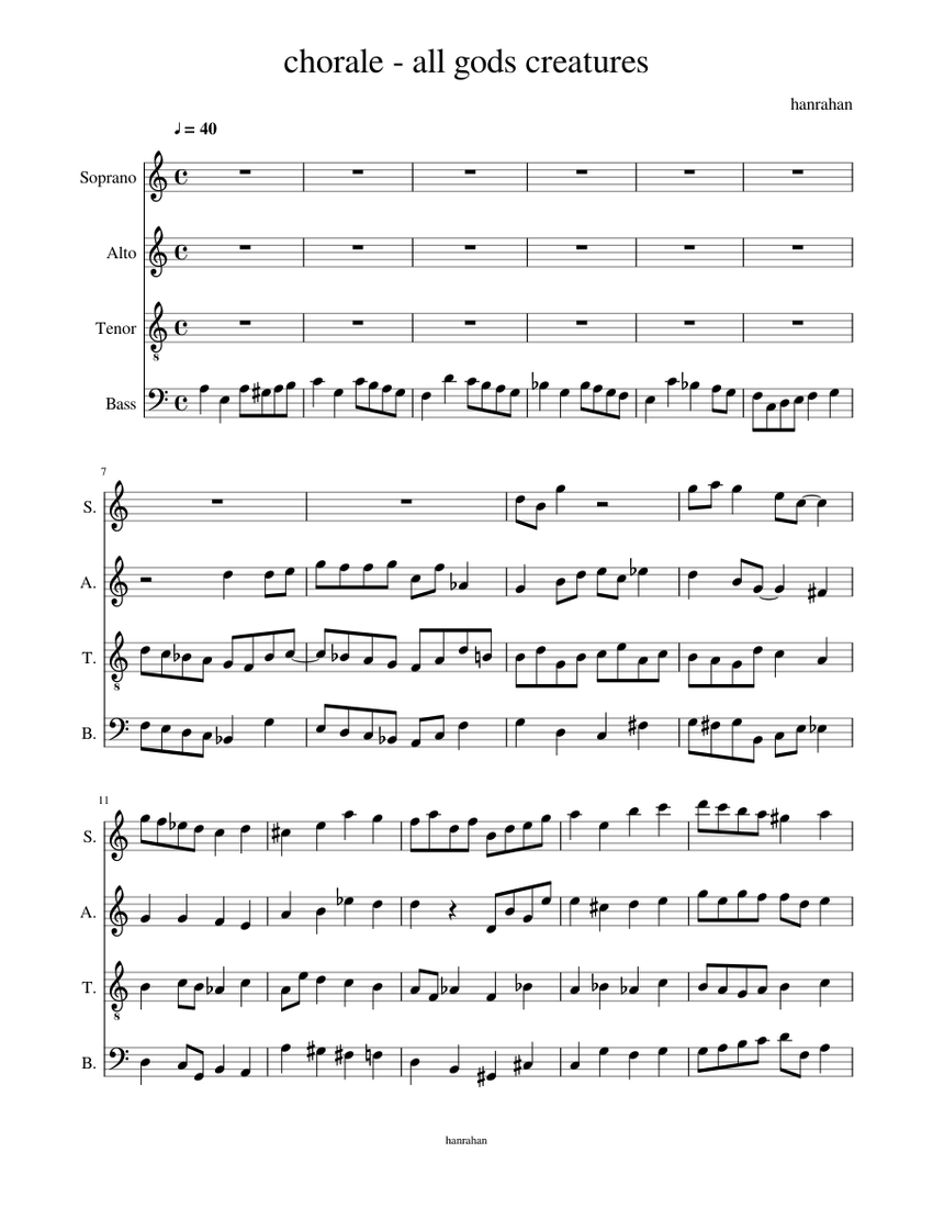 chorale - all gods creatures Sheet Music for Soprano, Alto, Tenor, Bass ...