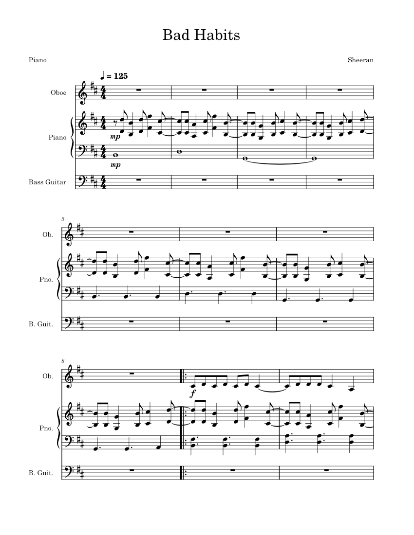 Bad Habits – Ed Sheeran Sheet music for Piano, Oboe, Bass guitar (Solo ...