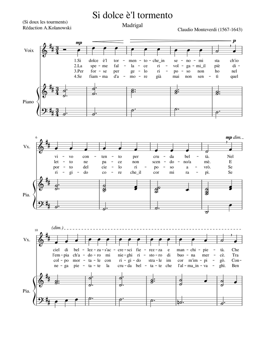Si dolce e'l tormento – Claudio Monteverdi Sheet Music for Piano ...