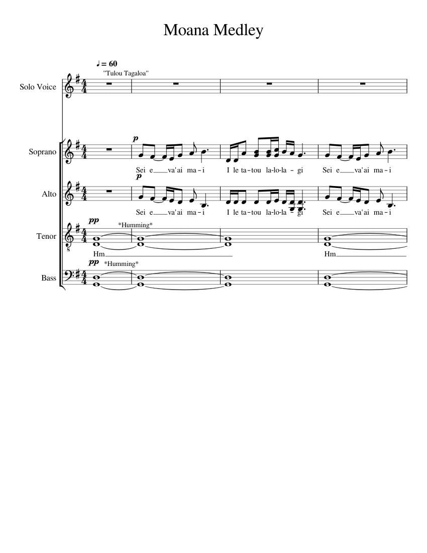 Moana Medley SATB Sheet Music for Violin, Cello (SATB) | MuseScore.com