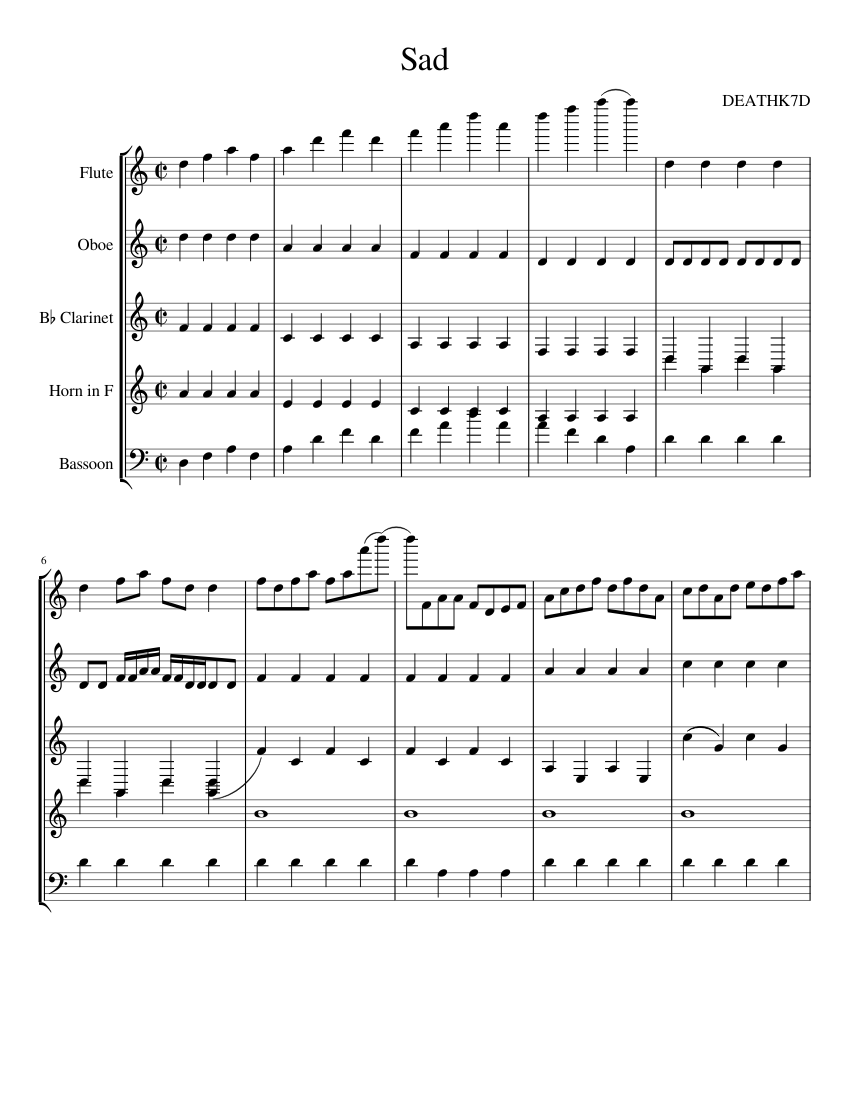 Sad Sheet music for Flute, Oboe, Clarinet in b-flat, Bassoon & more ...