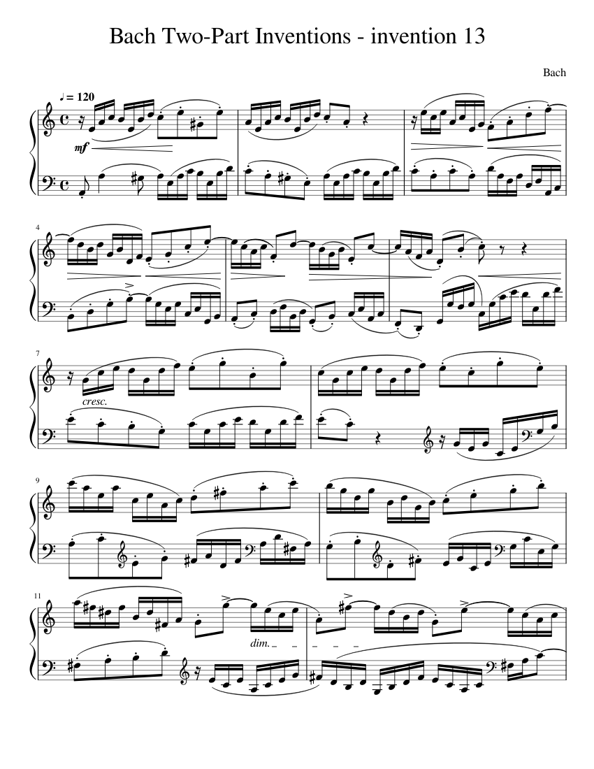 Bach Two Part Inventions - invention 13 Sheet Music for Piano (Solo ...