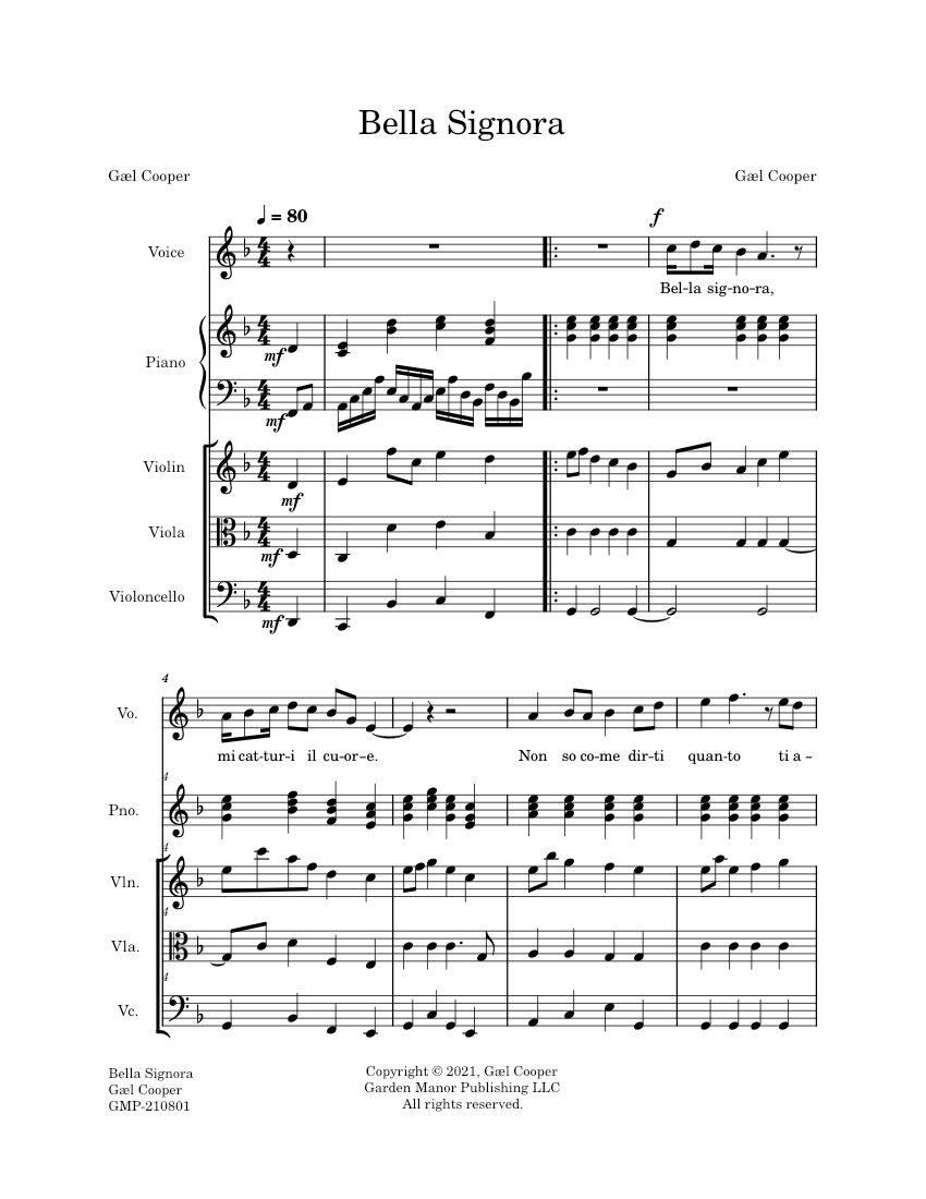 Bella Signora - Gæl Cooper Sheet Music for Piano, Vocals, Violin, Viola ...