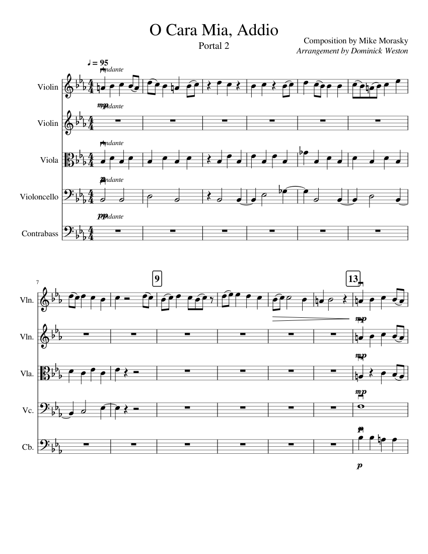 O Cara Mia, Addio Sheet music for Contrabass, Violin, Viola, Cello (Symphony Orchestra ...
