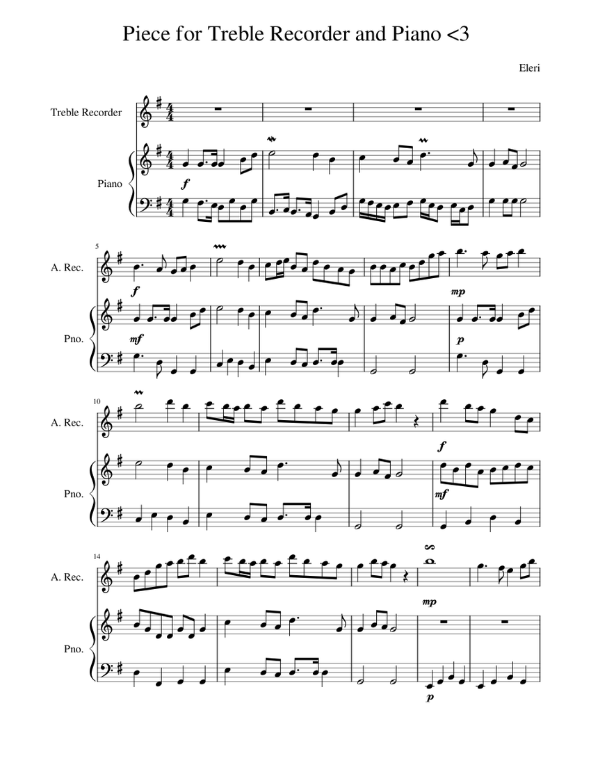 Piece for treble recorder and piano Sheet Music for Piano, Recorder ...