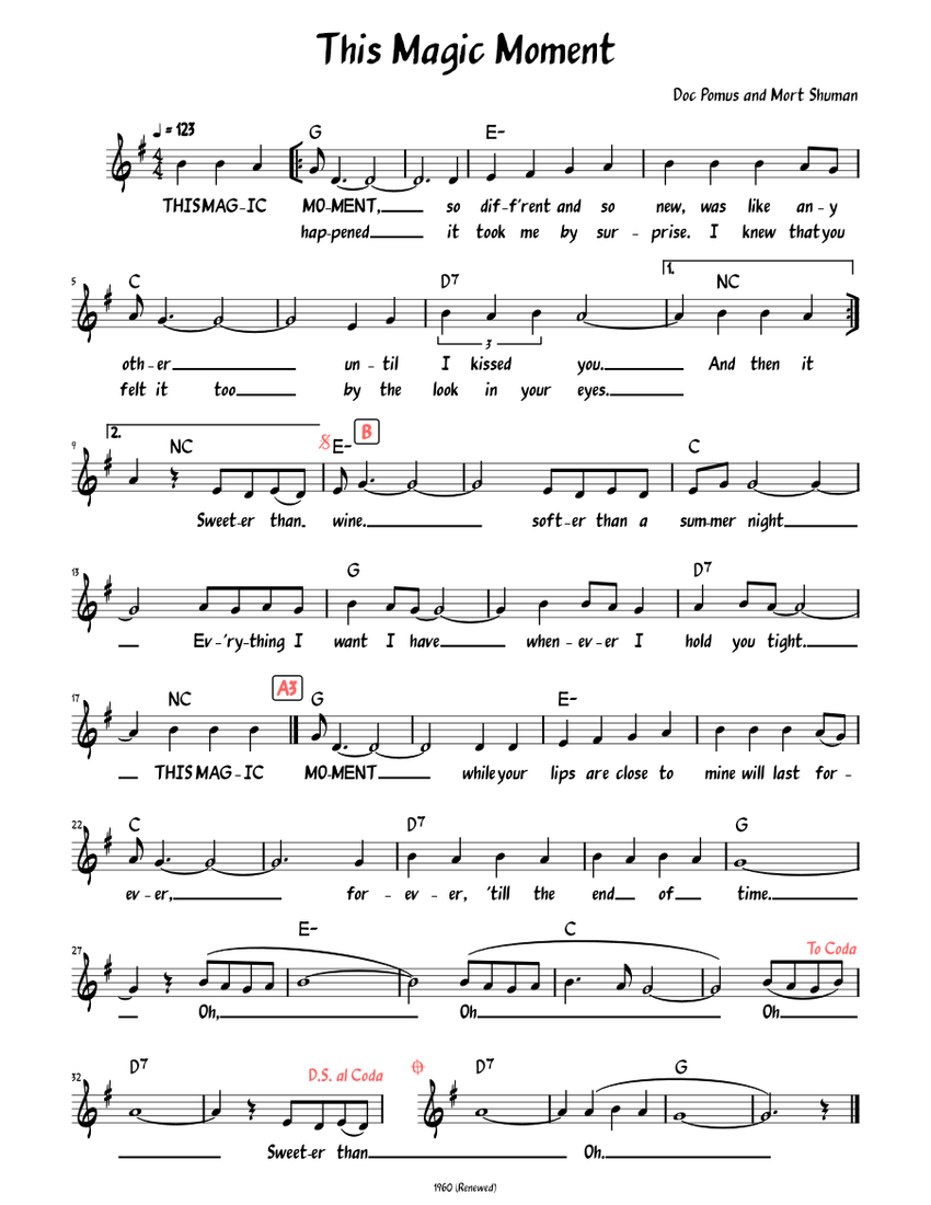 This Magic Moment (Lead sheet with lyrics ) Sheet music for Piano (Solo ...