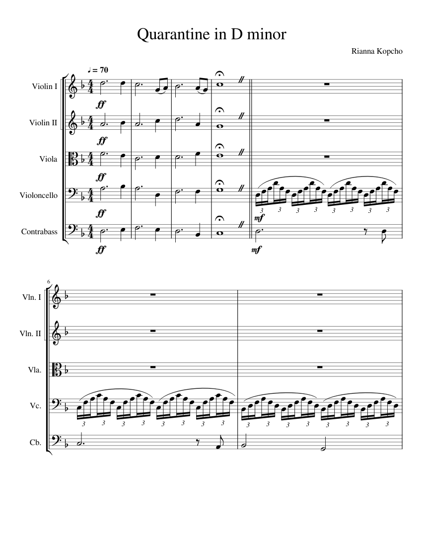 Quarantine In D minor Sheet music for Contrabass, Violin, Viola, Cello (String Quintet ...