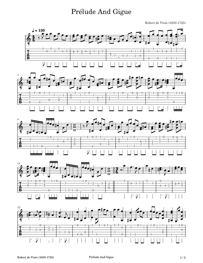 Prelude And Gigue-Robert de Visée-TABS Sheet Music for Guitar (Solo ...
