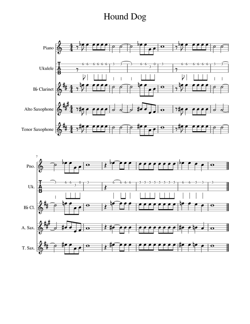 Hound Dog Sheet music for Piano, Clarinet in b-flat, Saxophone alto ...