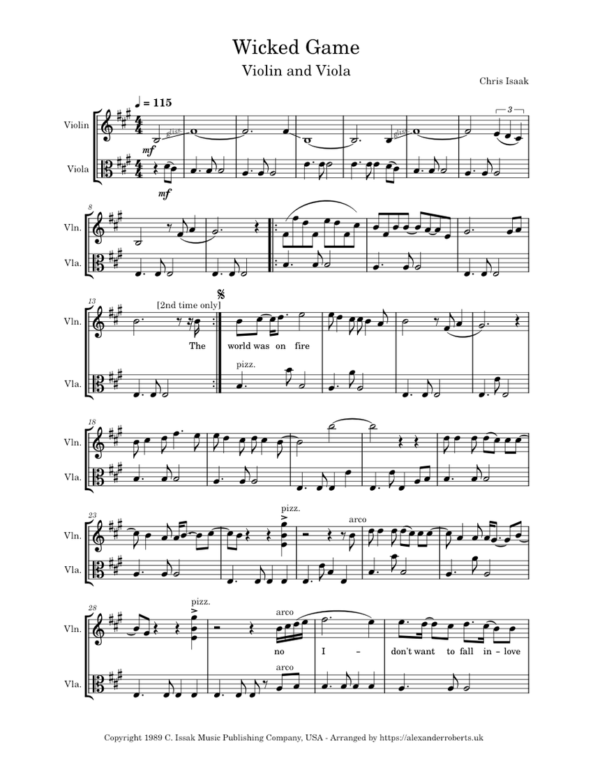 Wicked game – Chris Isaak Sheet music for Violin, Viola (String Duet ...