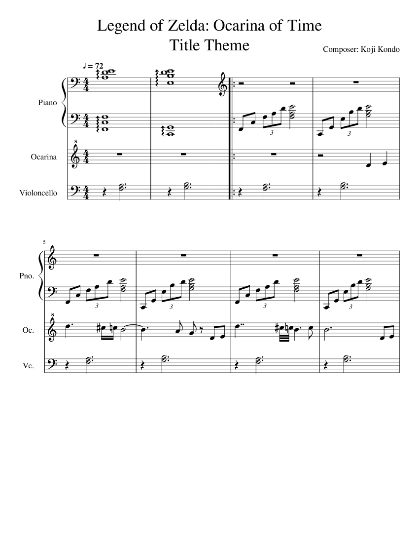 Legend of Zelda Ocarina of Time Title Sheet Music for Piano, Cello ...
