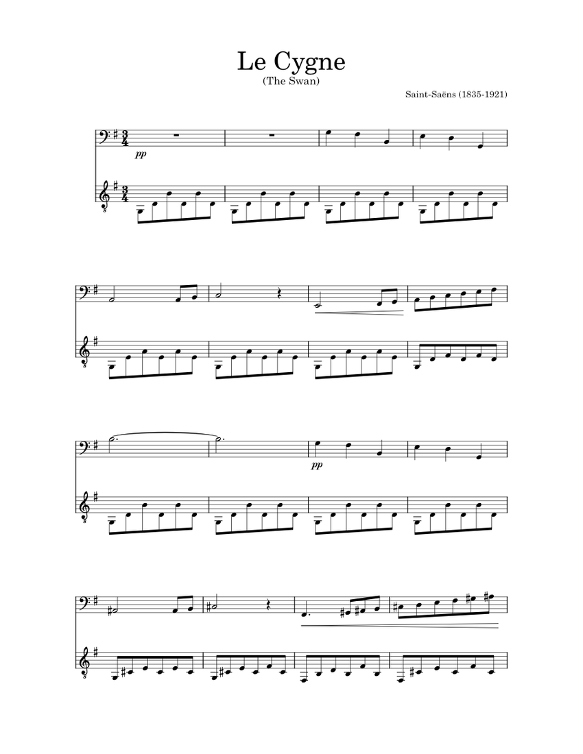 Le Cygne (The Swan) – Camille Saint-Saëns Sheet music for Cello, Guitar (Mixed Duet) | Musescore.com