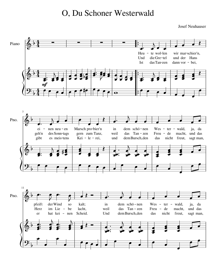 O Du Schöner Westerwald – Misc Traditional Sheet Music for Piano (Solo ...